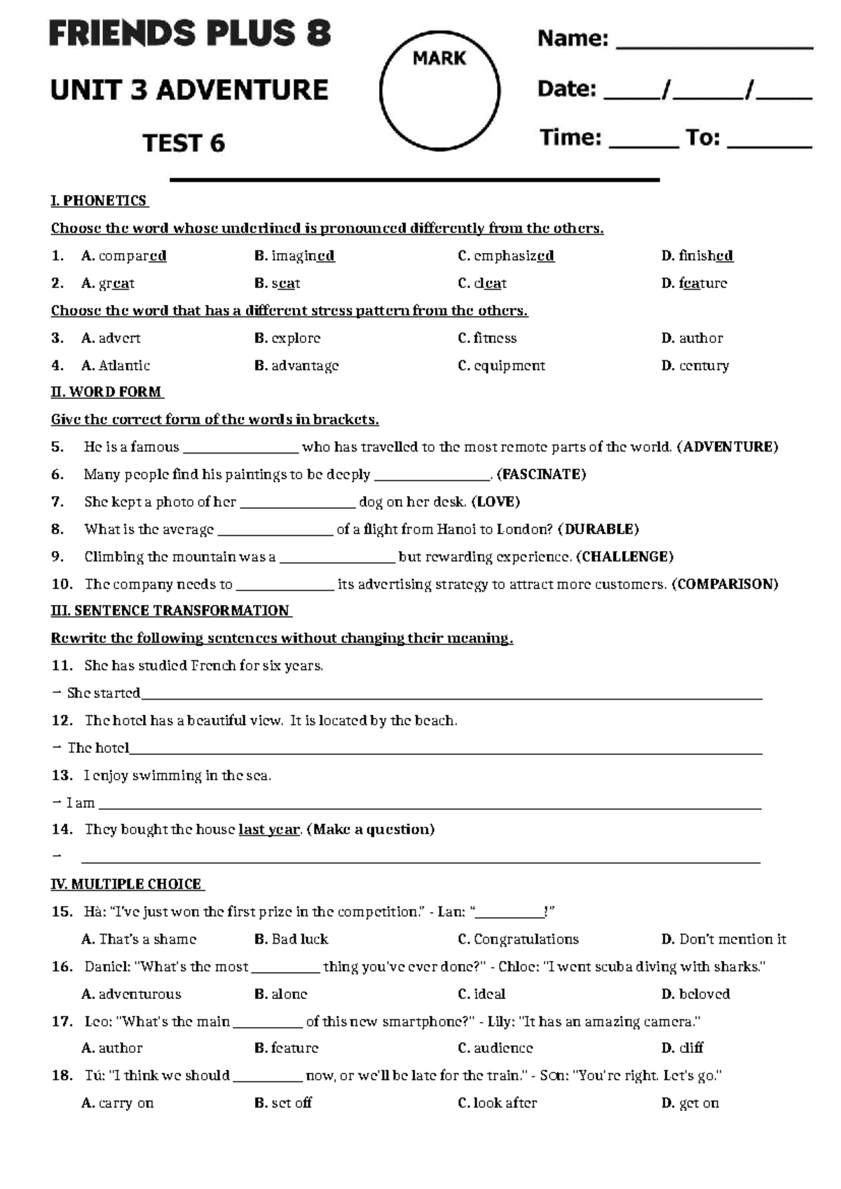 6 (FP8) U3 Phonetics & Word Form Practice Test - Studocu