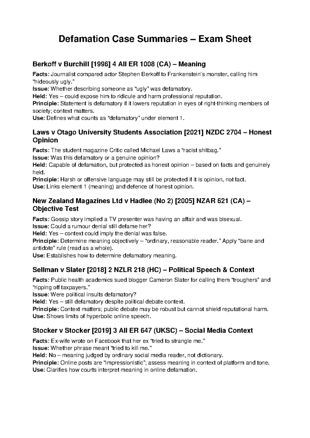 Defamation Case Summaries Exam Sheet: Key Principles & Cases - Studocu