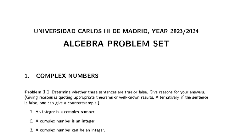 Algebra Problem Set 1: Complex Numbers - UCM - Studocu