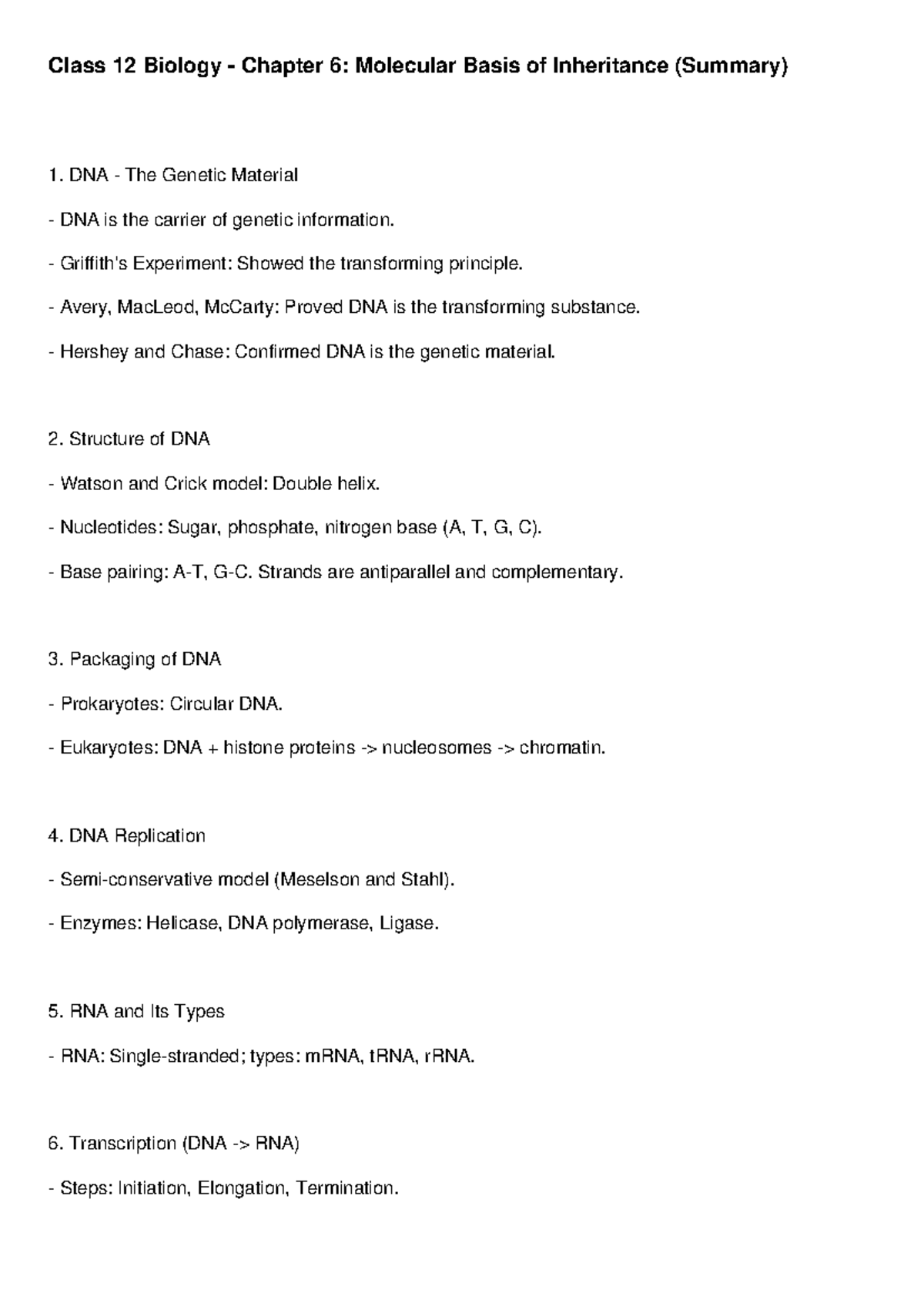 Class 12 Biology Chapter 6: Molecular Basis of Inheritance Summary ...