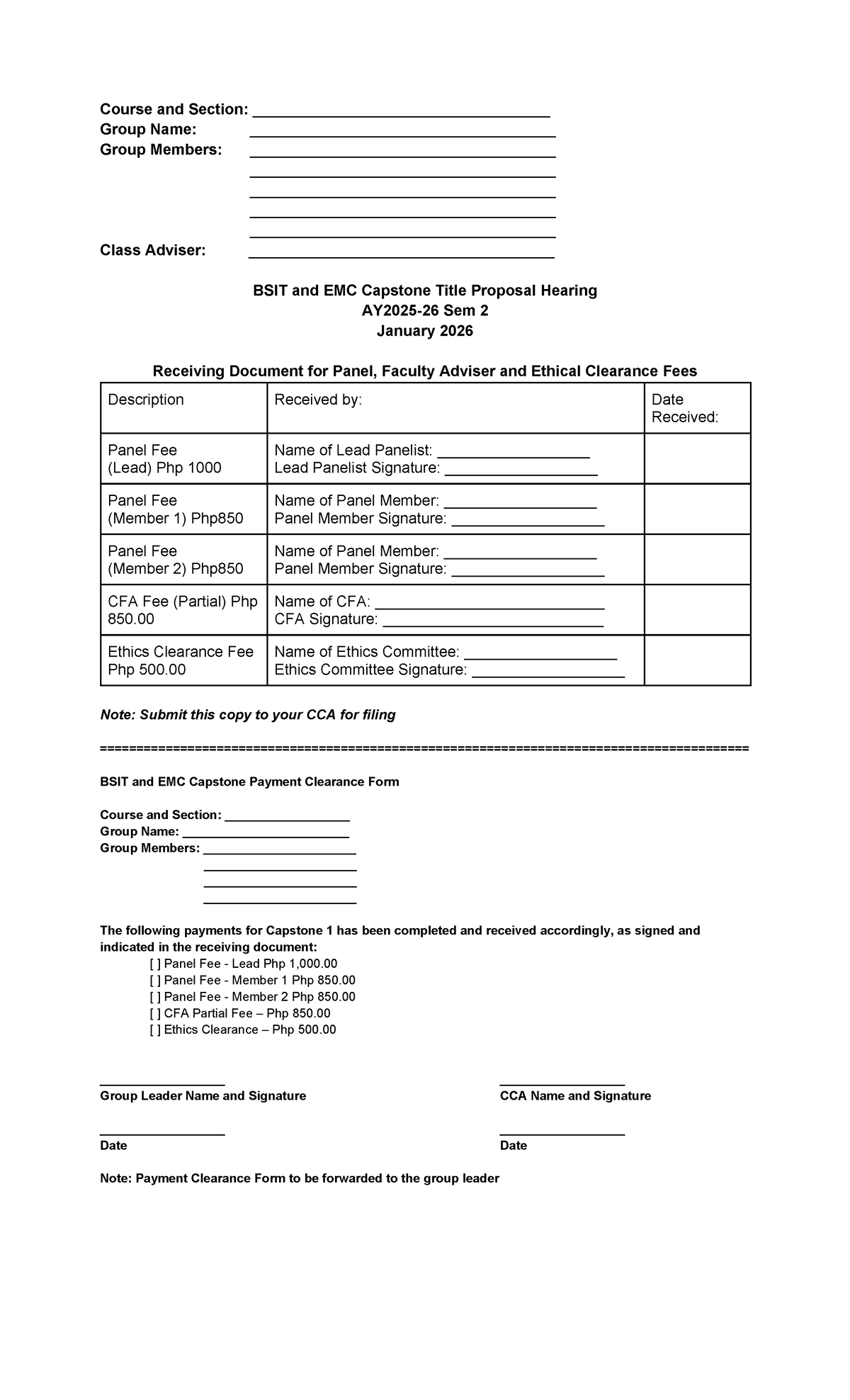 BSIT and EMC Capstone Payment Clearance Form - Sem 2, 2026 - Studocu