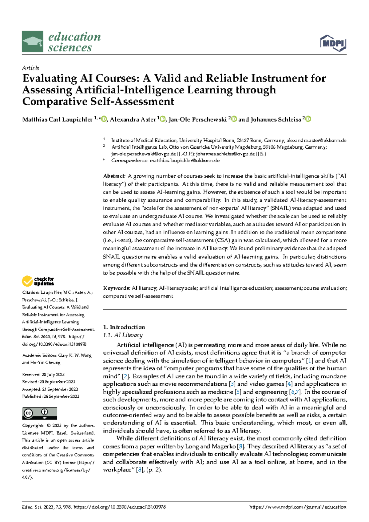 Evaluating AI Courses: Validating the SNAIL Instrument for Learning ...
