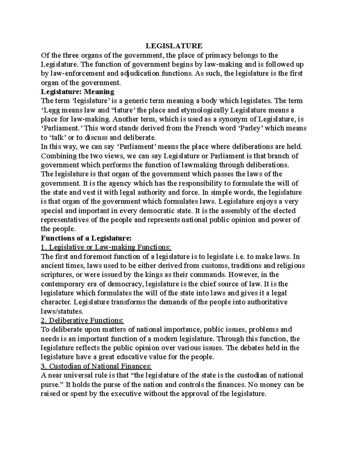 Legislature: Structure, Functions & Role in Government - Studocu