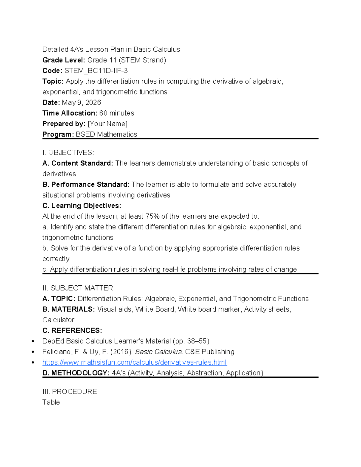 Detailed Lesson Plan on Differentiation Rules (BSED Math 4A) - Studocu