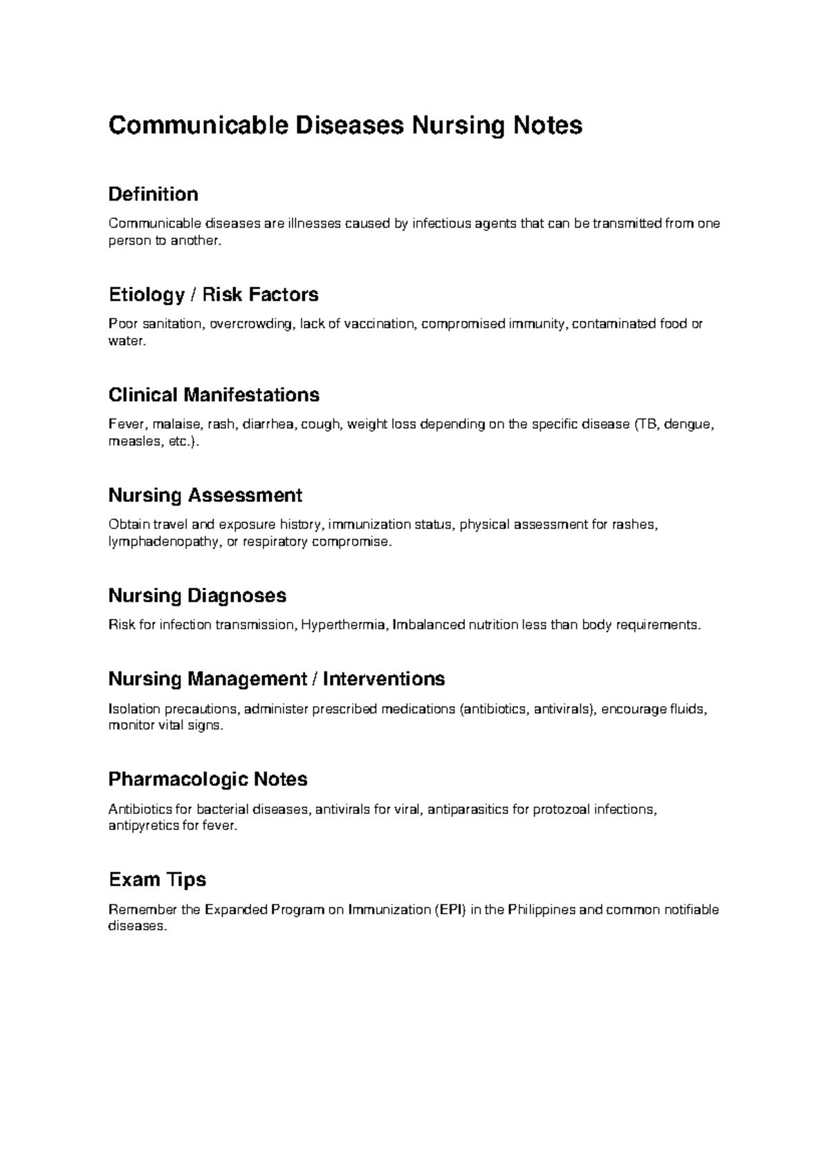 Nursing Notes on Communicable Diseases: Definitions & Management - Studocu