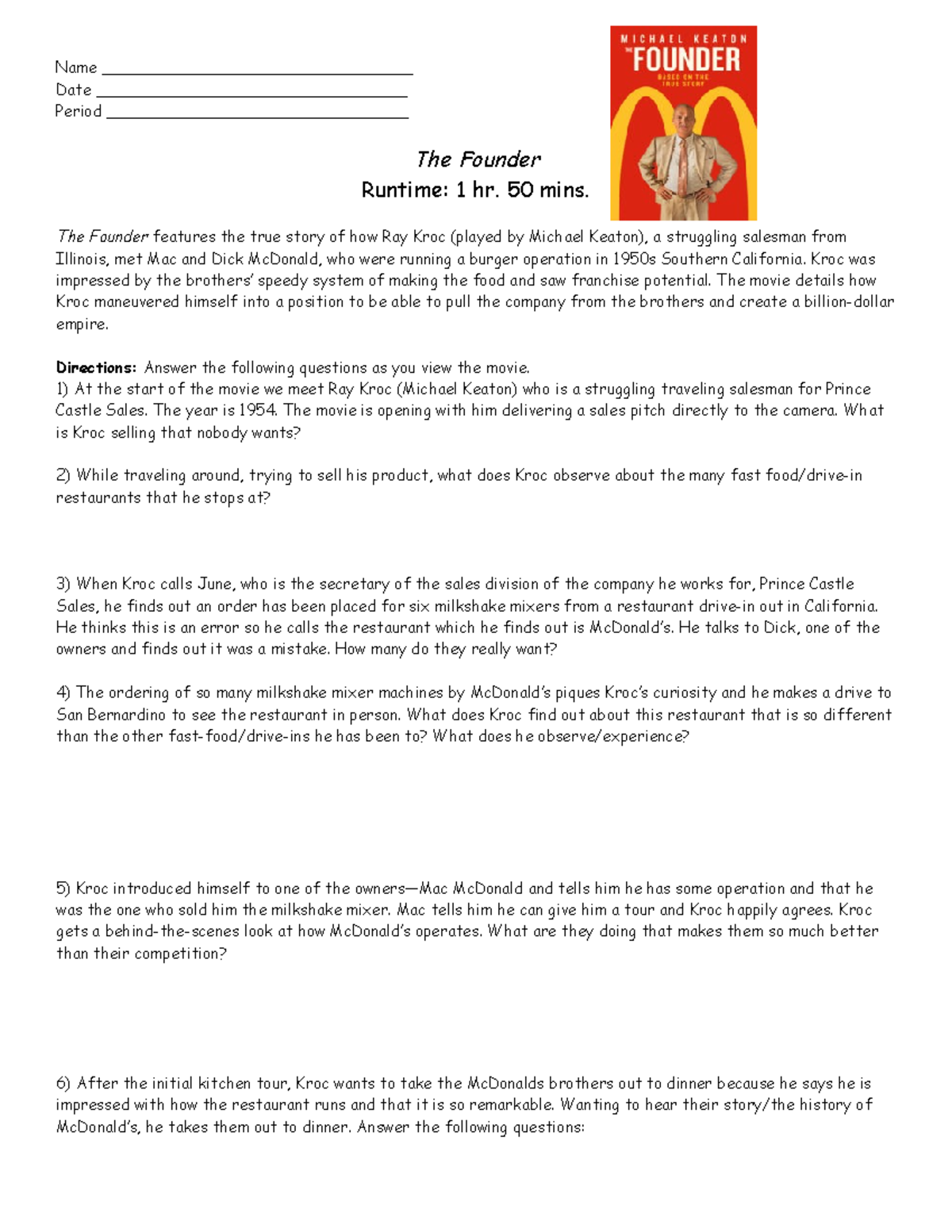 The Founder Movie Study Guide Questions & Answers for ENT 101 - Studocu