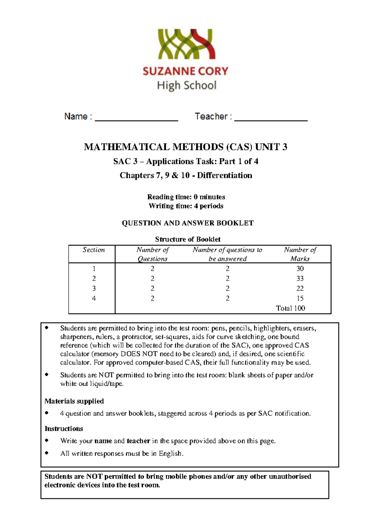 MATHEMATICAL METHODS (CAS) UNIT 3 SAC 3 Applications Task: Part 1 of 4 ...