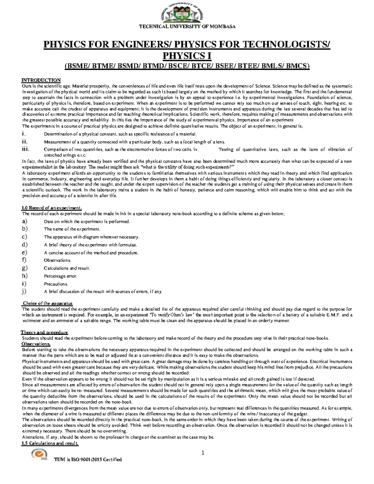 Lab Manual: Physics I (BMCS) - Experimental Techniques and Measurements - Studocu