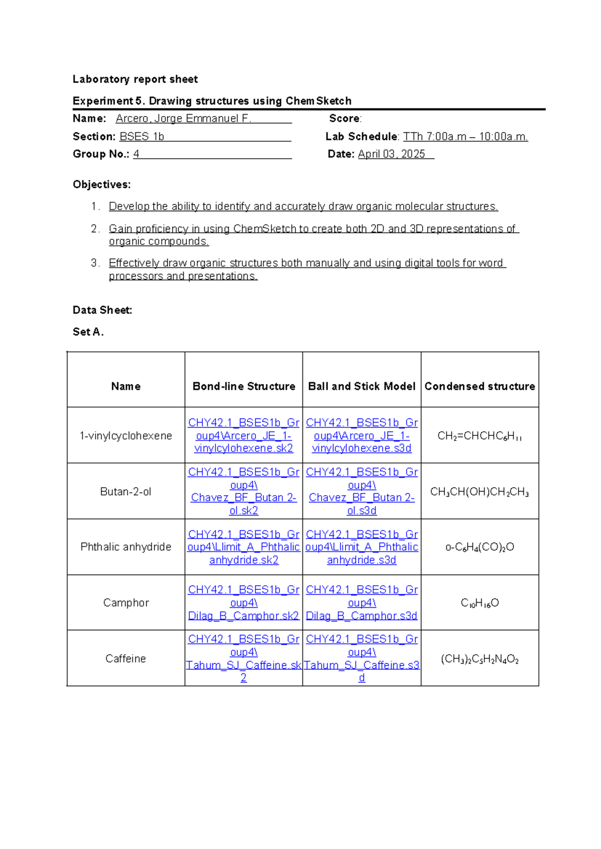 Drawing structures using Chem Sketch - Laboratory report sheet ...