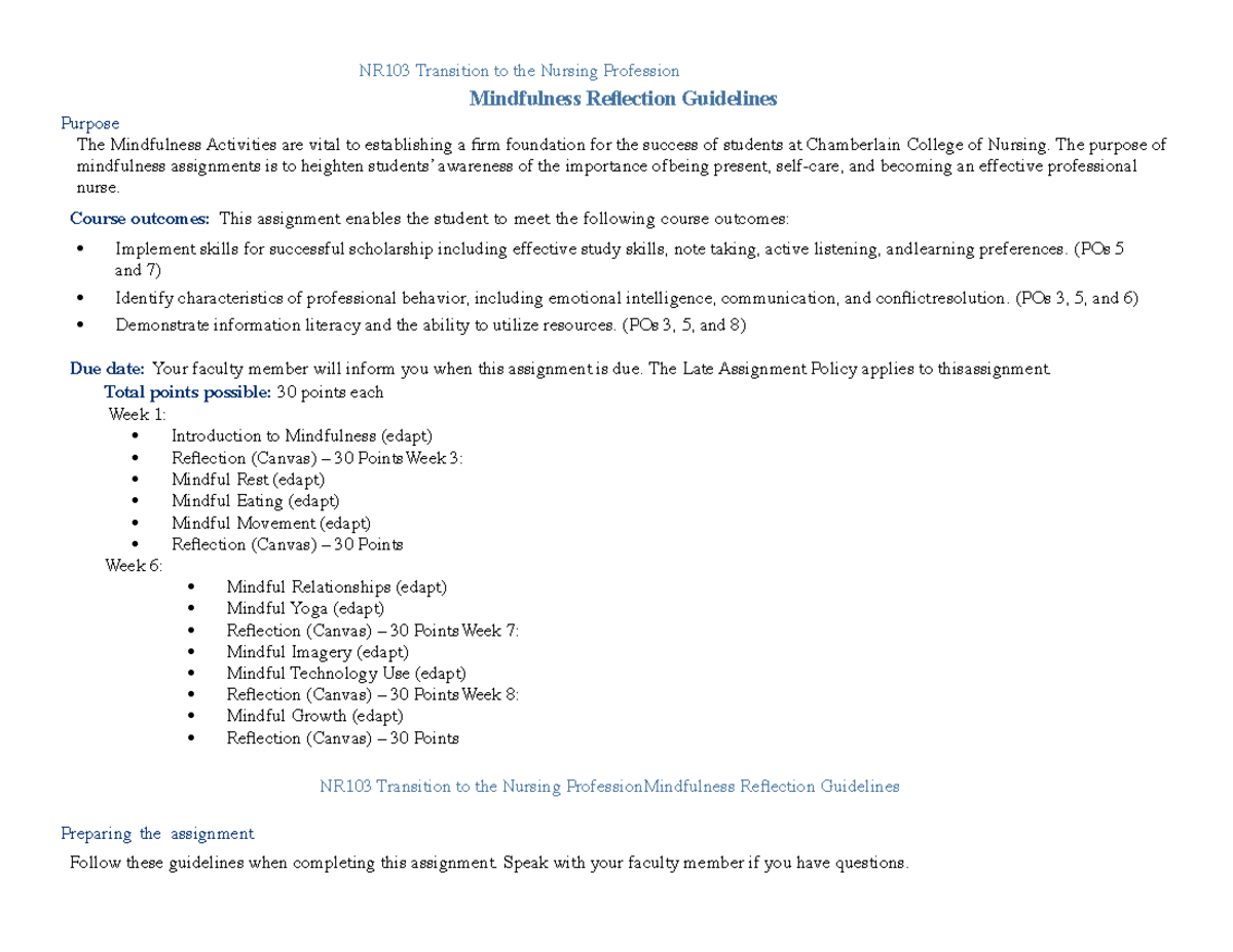 Mindfulness Guidelines - NR103 Transition to the Nursing Profession Mindfulness Reflection - Studocu