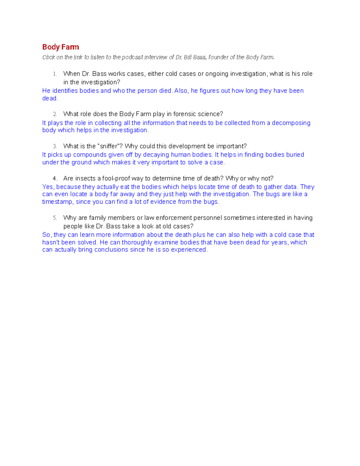 Unit 6 Lab- body farm - Body Farm Click on the link to listen to the ...