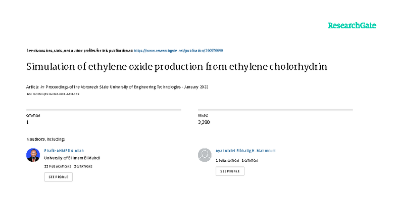 Simulation of Ethylene Oxide Production from Ethylene Chlorohydrin ...
