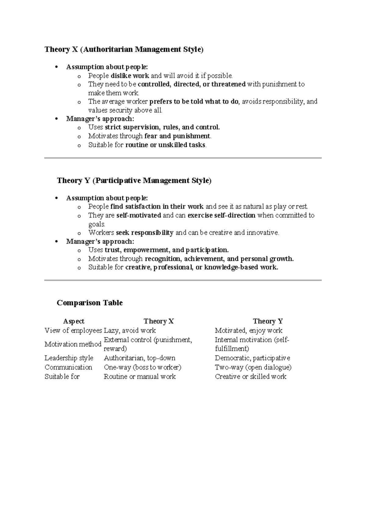 Theory X vs. Theory Y: Management Styles Comparison (ABC) - Studocu