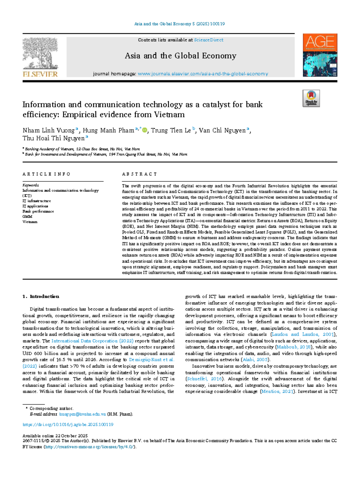 ICT's Impact on Bank Performance in Vietnam: Evidence from 2011-2022 ...