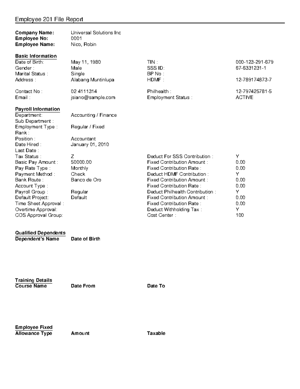 Employee 201 File Report for Robin Nico - Universal Solutions Inc - Studocu