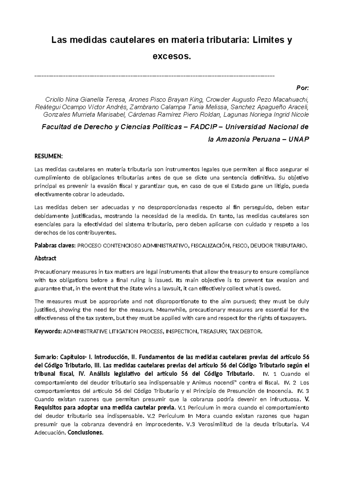 Ensayo sobre Medidas Cautelares en Derecho Tributario (DERECHO 101 ...