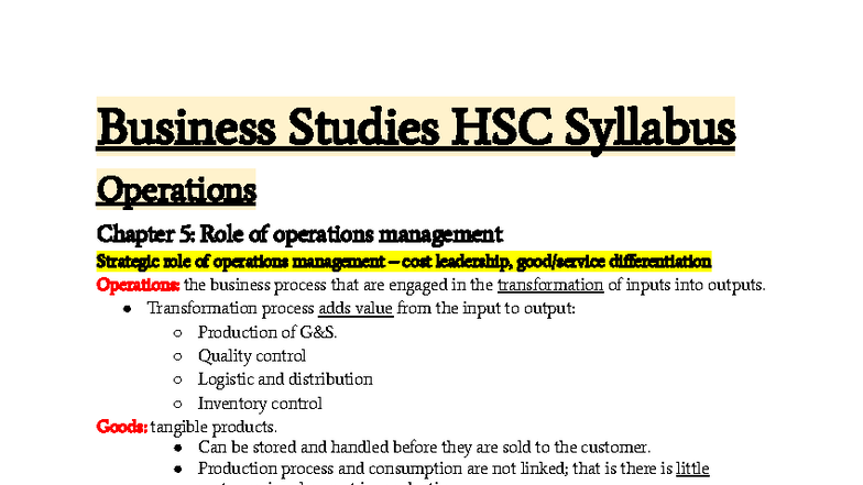 Operations Business Studies HSC Notes: Chapter 5 & 6 Overview - Studocu