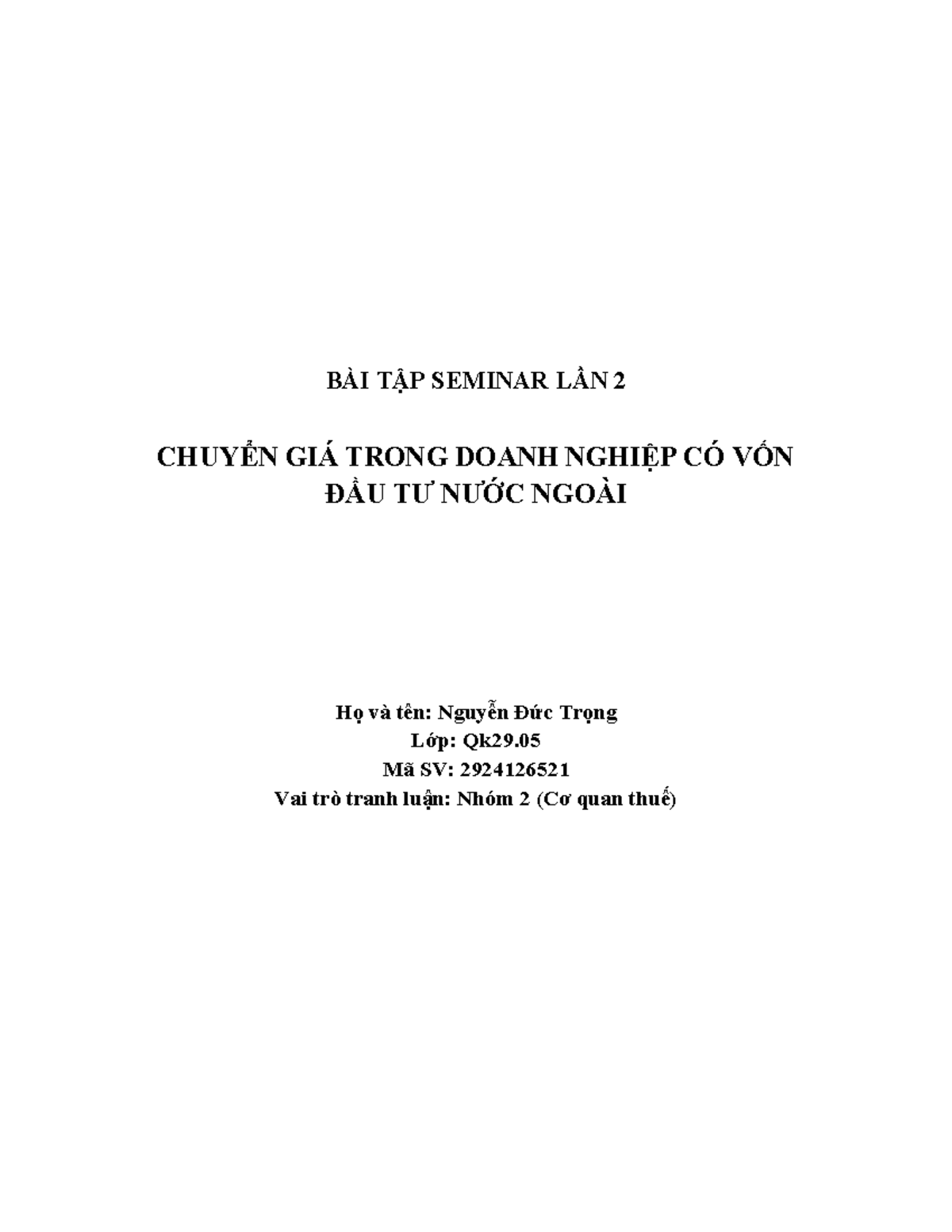 BÀI TẬP SEMINAR LẦN 2: CHUYỂN GIÁ TRONG DOANH NGHIỆP FDI - Studocu
