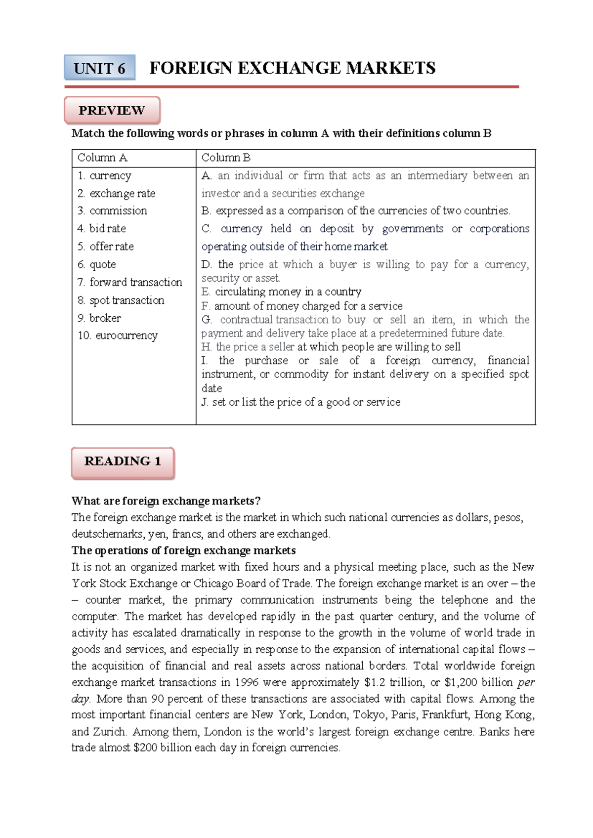 UNIT 6: Understanding Foreign Exchange Markets and Their Functions ...