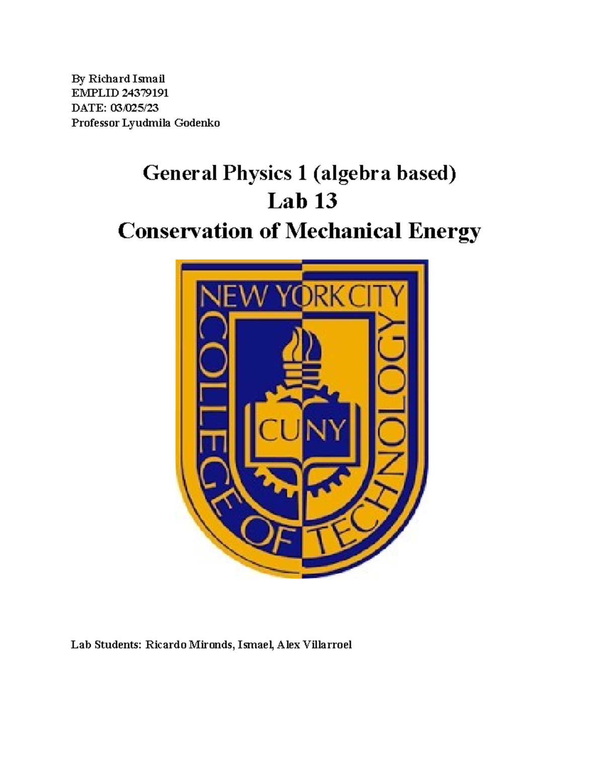 Lab 13: Conservation of Mechanical Energy - PHY 101 Experiment Analysis - Studocu