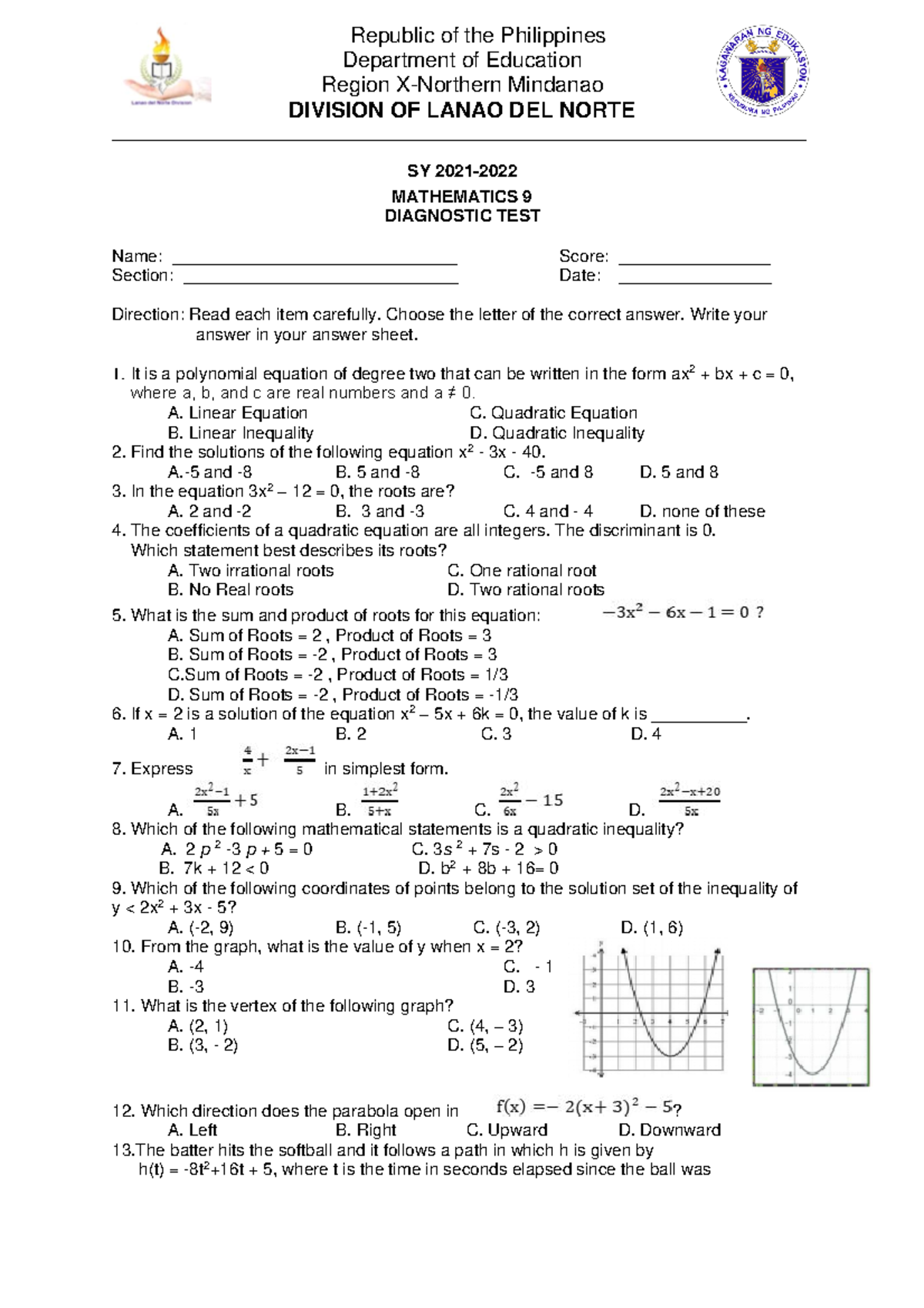 Math 9 Diagnostic Test - Republic of the Philippines Department of ...