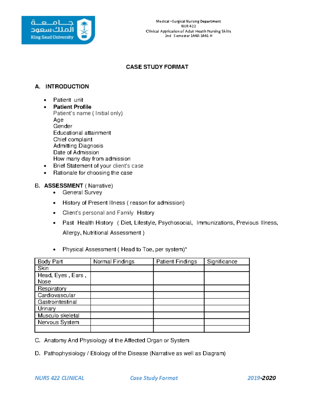 Case study format 2020 - Medical –Surgical Nursing Department NUR 422 ...
