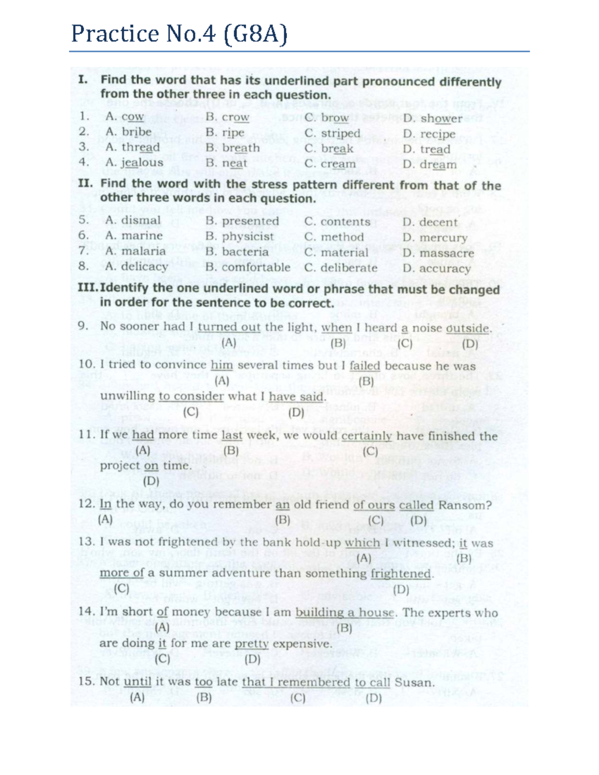 Practice No.4 (G8A) - Pronunciation and Stress Patterns Exercises - Studocu