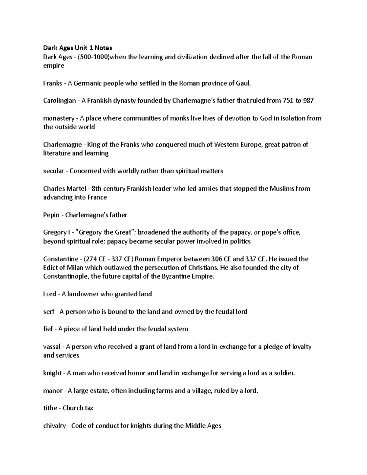 Dark Ages (500-1000) Unit 1 Study Notes for History Class - Studocu