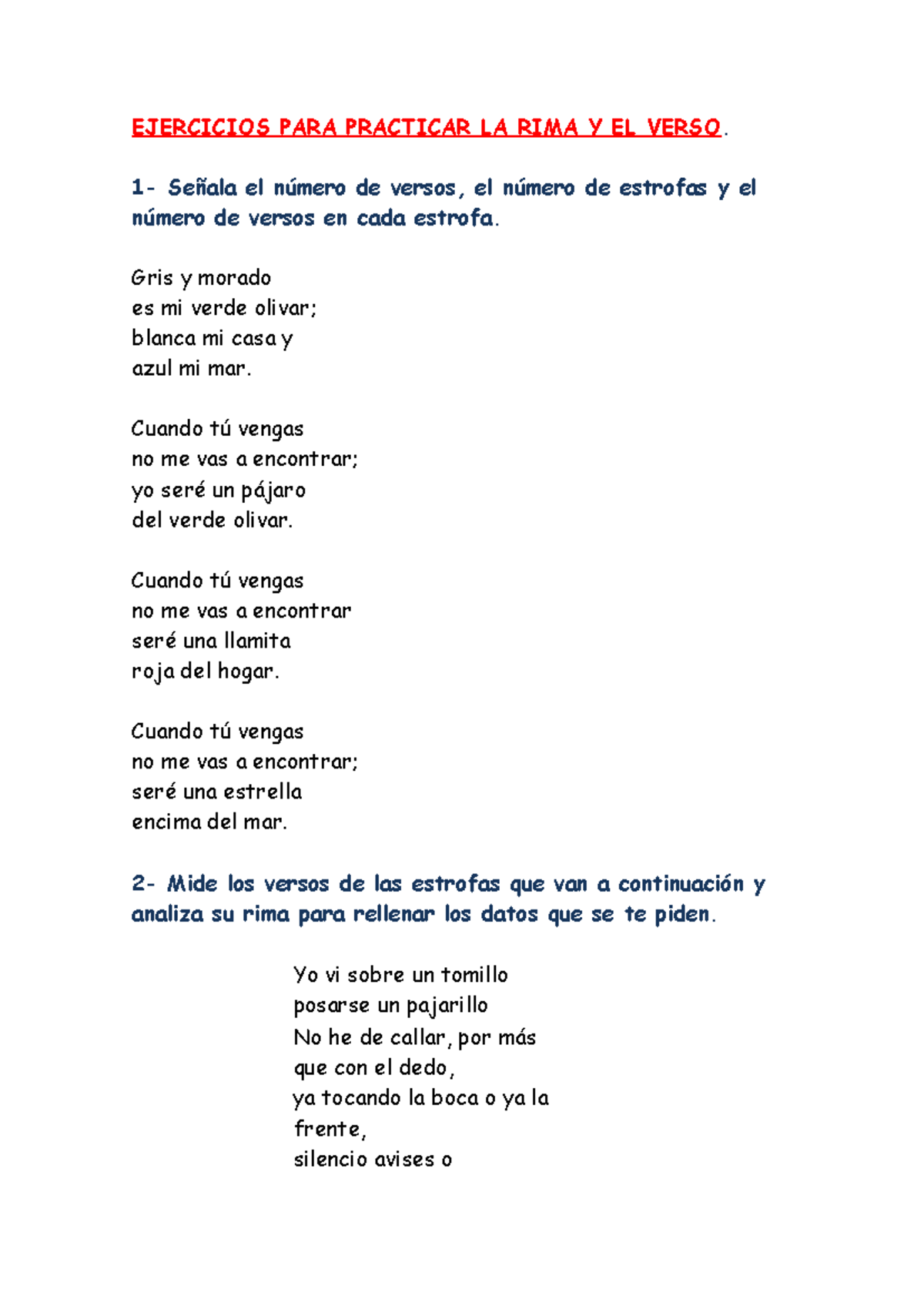Ejercicios de Métrica y Rima en Poesía - EJERCICIOS 101 - Studocu