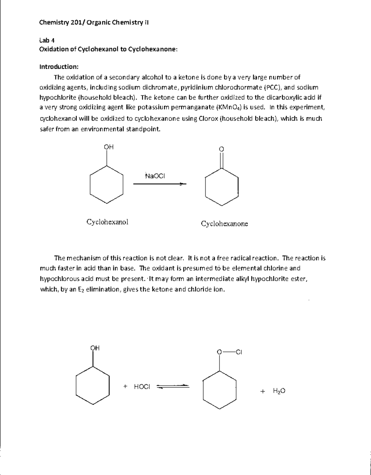 Chemistry Organic Chemistry II Lab 4: Oxidation of Cyclohexanol to ...