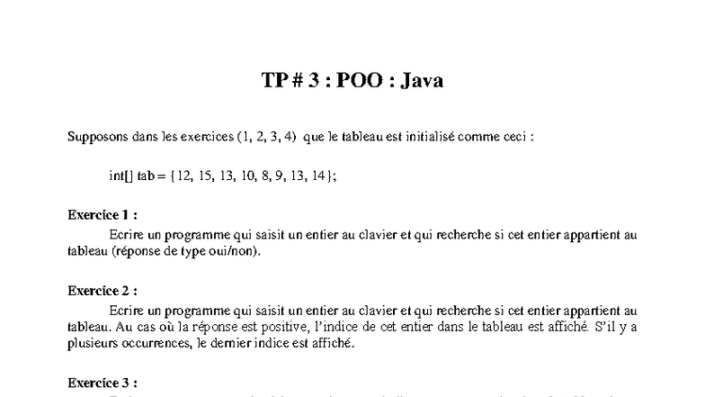 TP 3 : POO : Exercices Java sur les Tableaux et Méthodes - Studocu