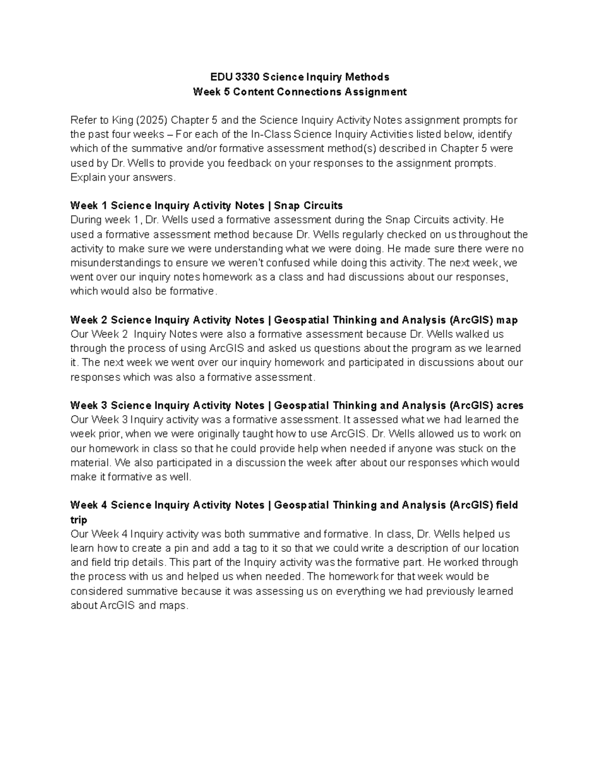 EDU Science Inquiry Methods Week 5 Assignment: Assessment Analysis ...