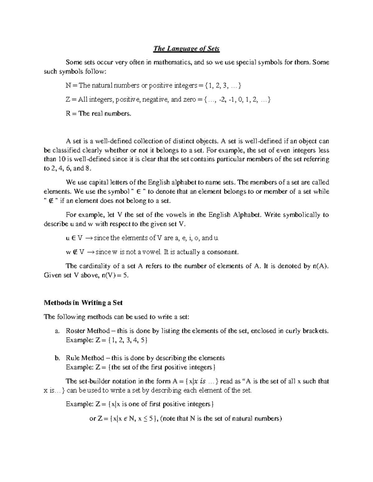 The Language of Sets - The Language of Sets Some sets occur very often ...
