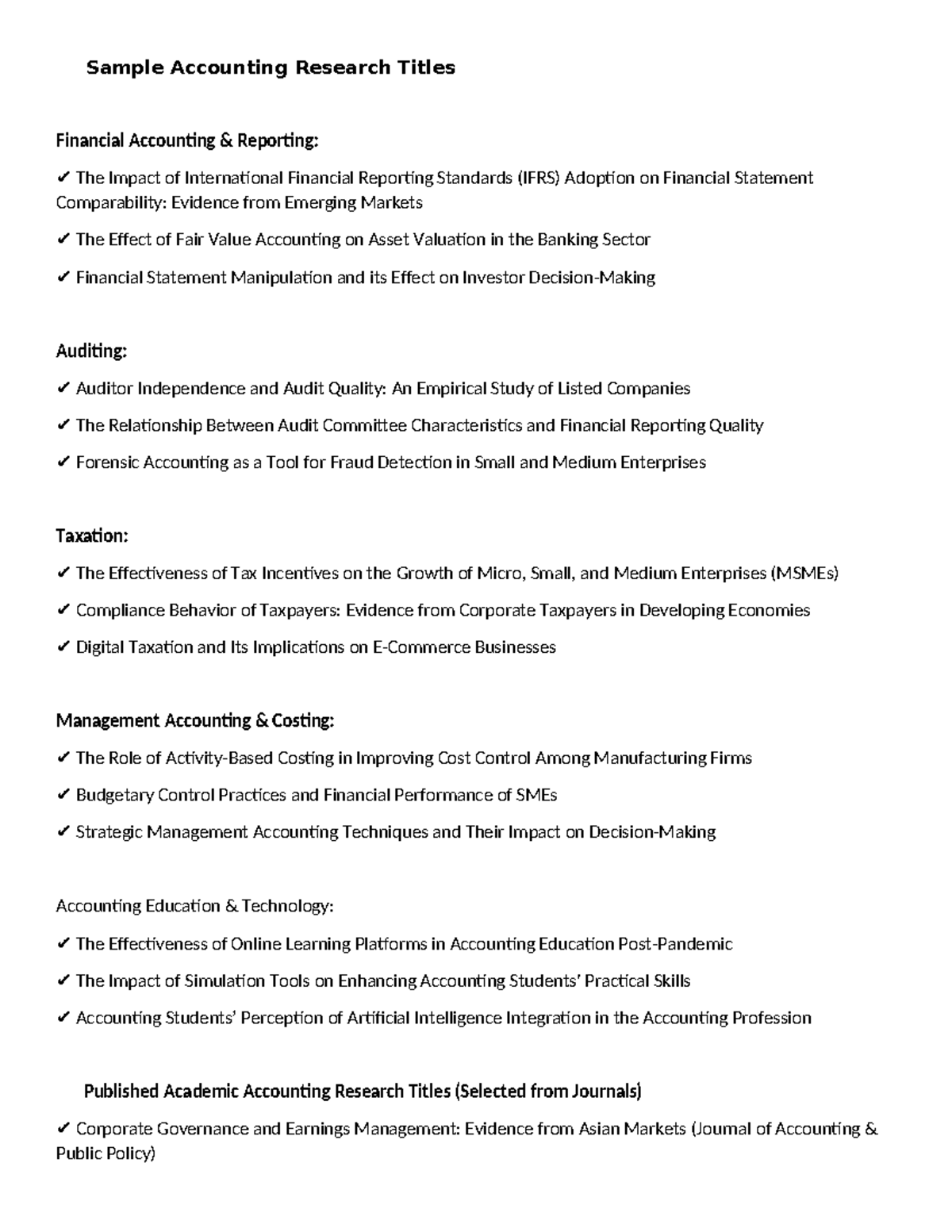 Sample Accounting Research Titles: IFRS, Fair Value, and Audit Quality ...