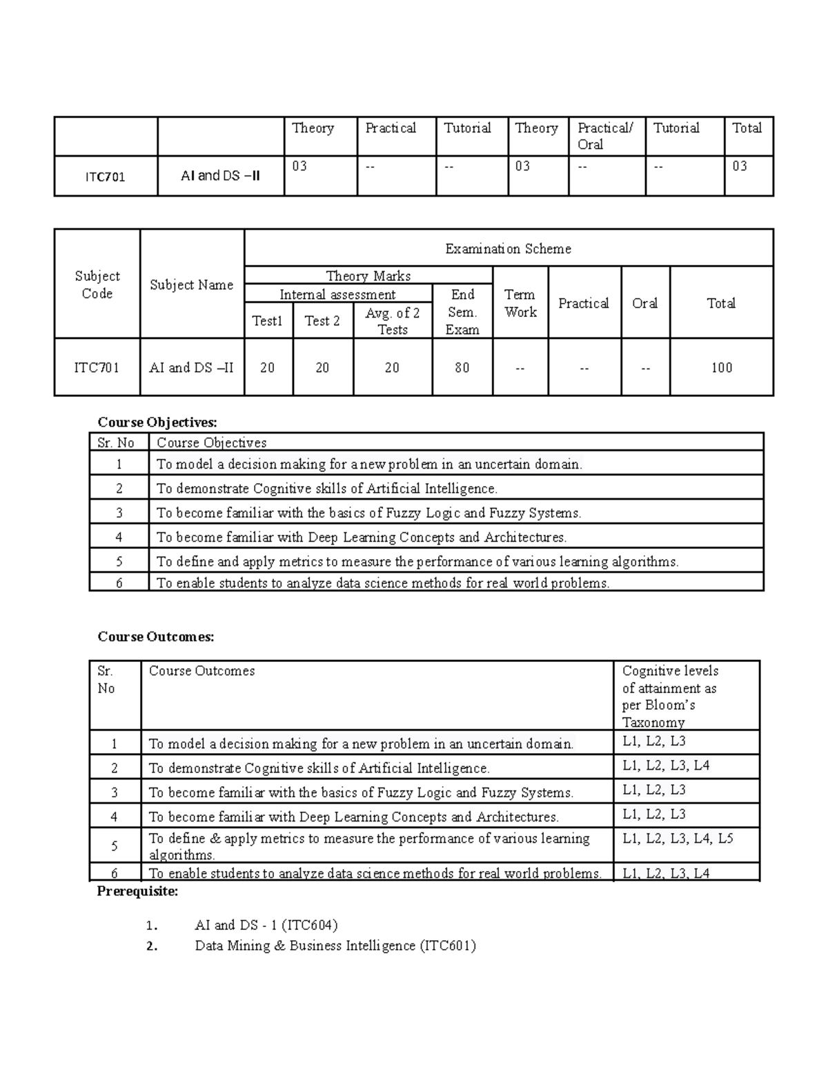AI and DS ITC701 Theory Syllabus Overview and Examination Scheme - Studocu