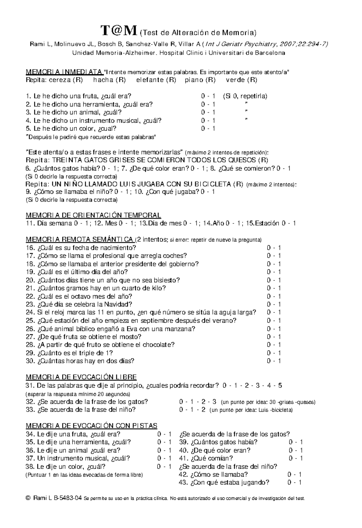 Evaluación Neurocognitiva TAM y Normas de Aplicación del Test - Studocu