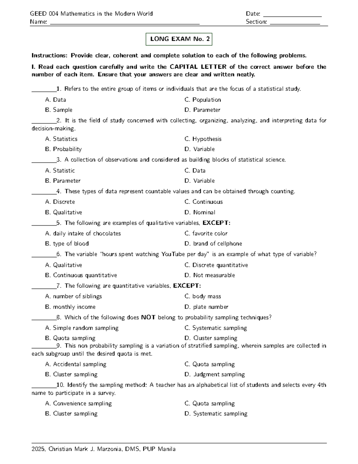 LONG EXAM 2 Solutions for GEED 004 Mathematics in the Modern World ...