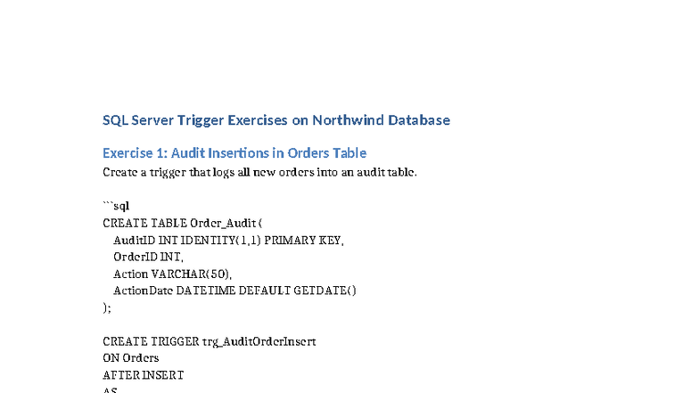 Northwind Database SQL Server Trigger Exercises: Implementation Guide ...