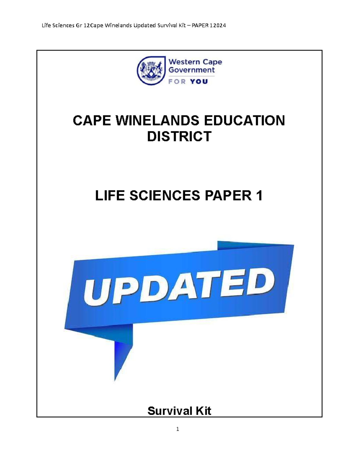 Life Sciences Gr 12 Cape Winelands Updated Survival Kit PAPER 1 Study ...