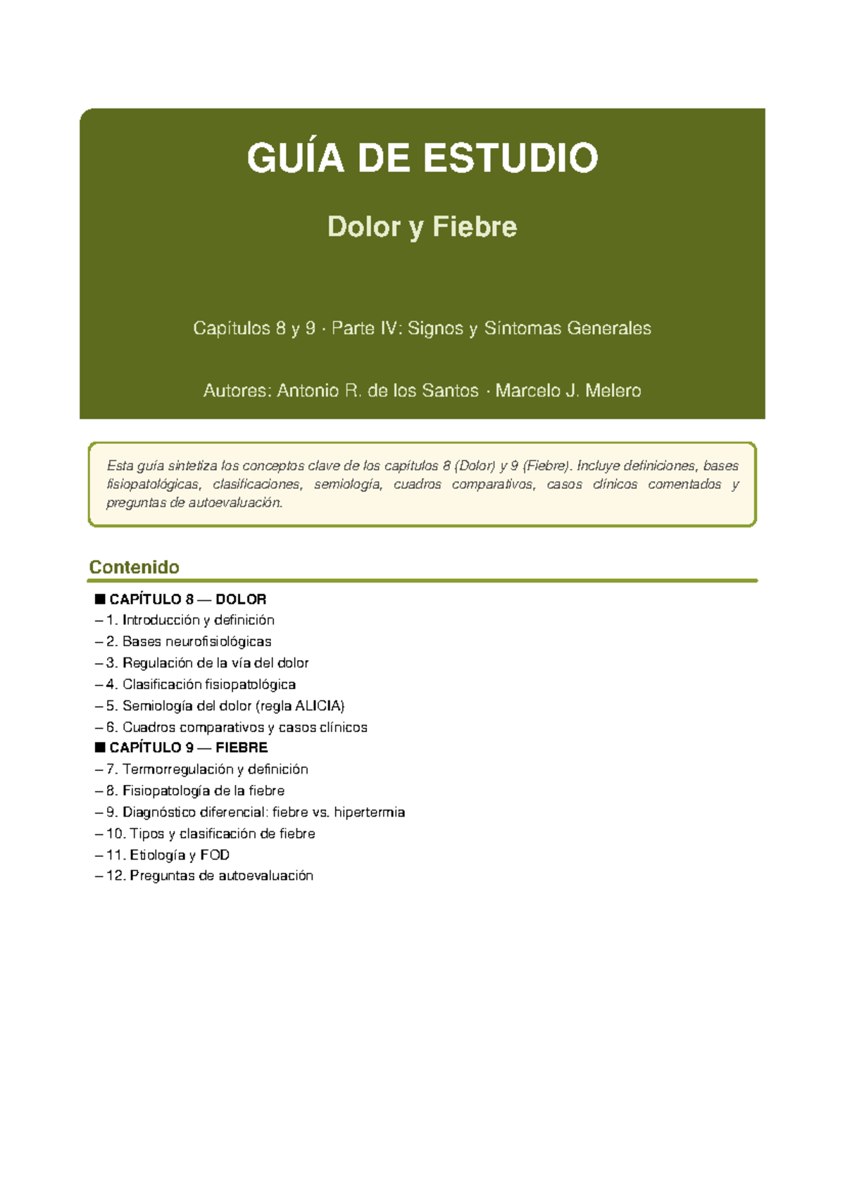 GUÍA DE ESTUDIO: Dolor y Fiebre (Capítulos 8 y 9) - Studocu