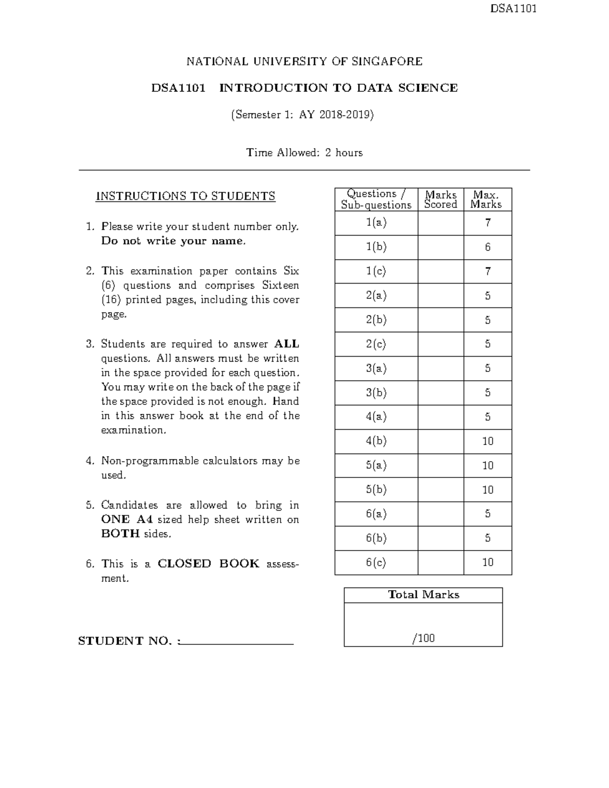 1819SEM1-DSA1101 - Data Science Practice Paper and Solutions - Studocu