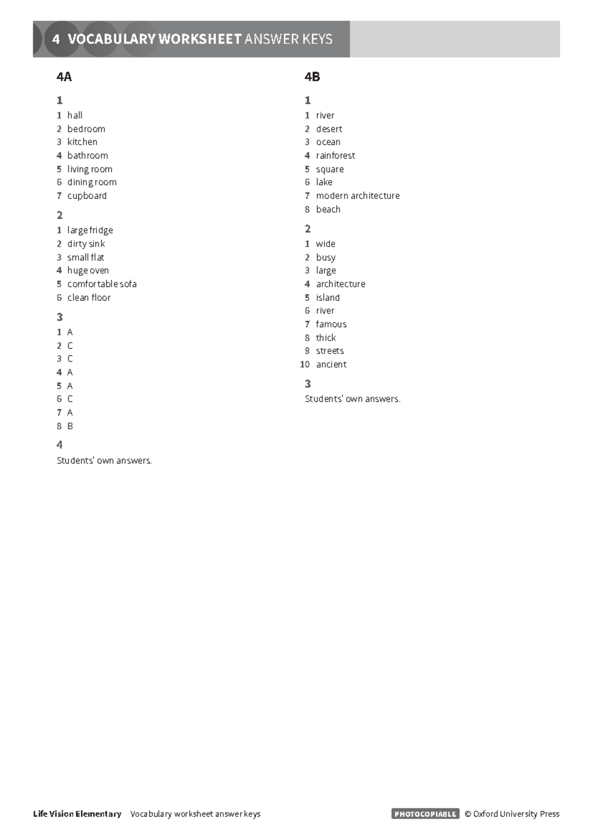Life Vision Elem Vocab Worksheets U4 AK - 4 VOCABULARY WORKSHEET ANSWER KEYS Life Vision ...