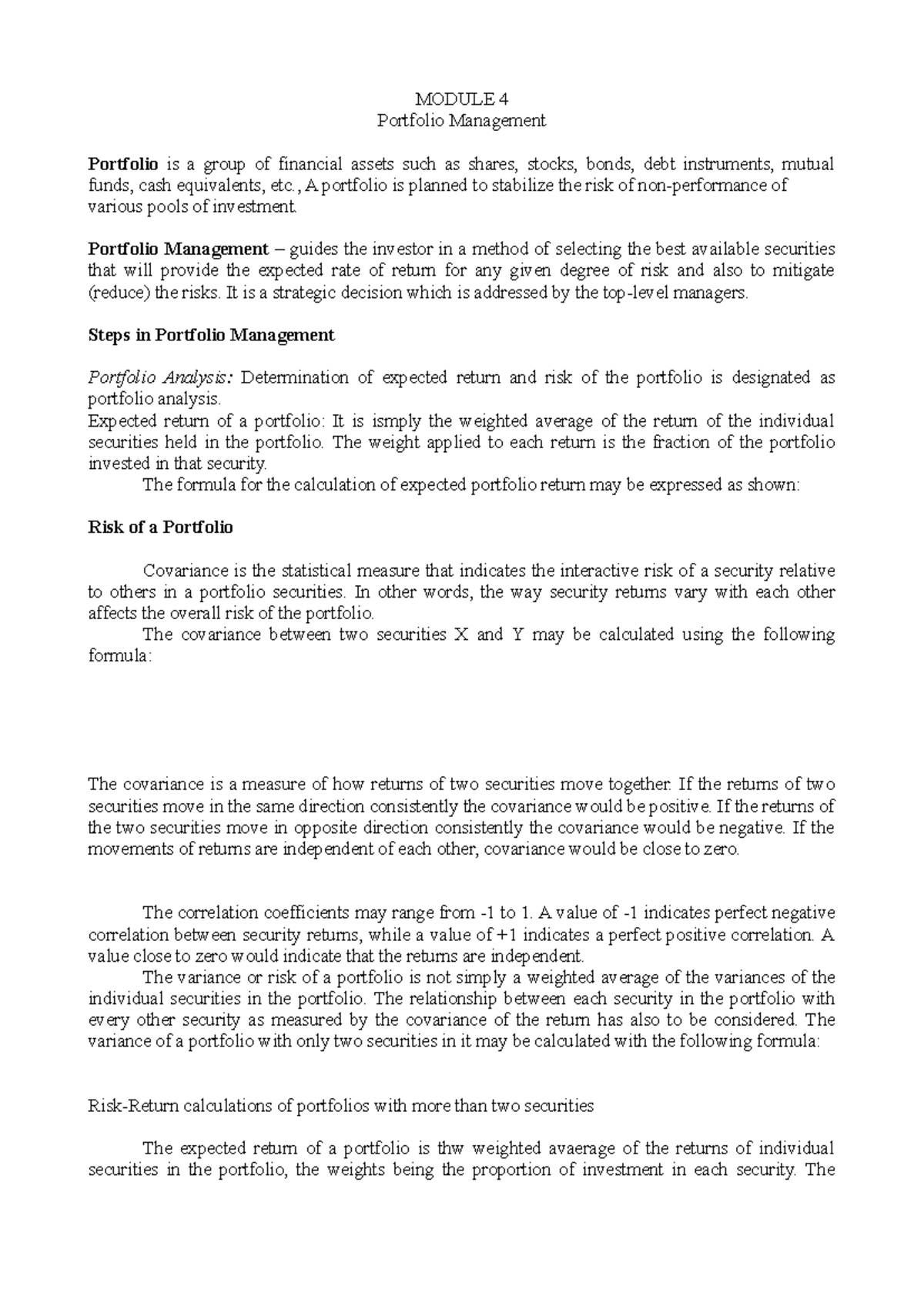 Portfolio Analysis - MODULE 4 Portfolio Management Portfolio is a group ...