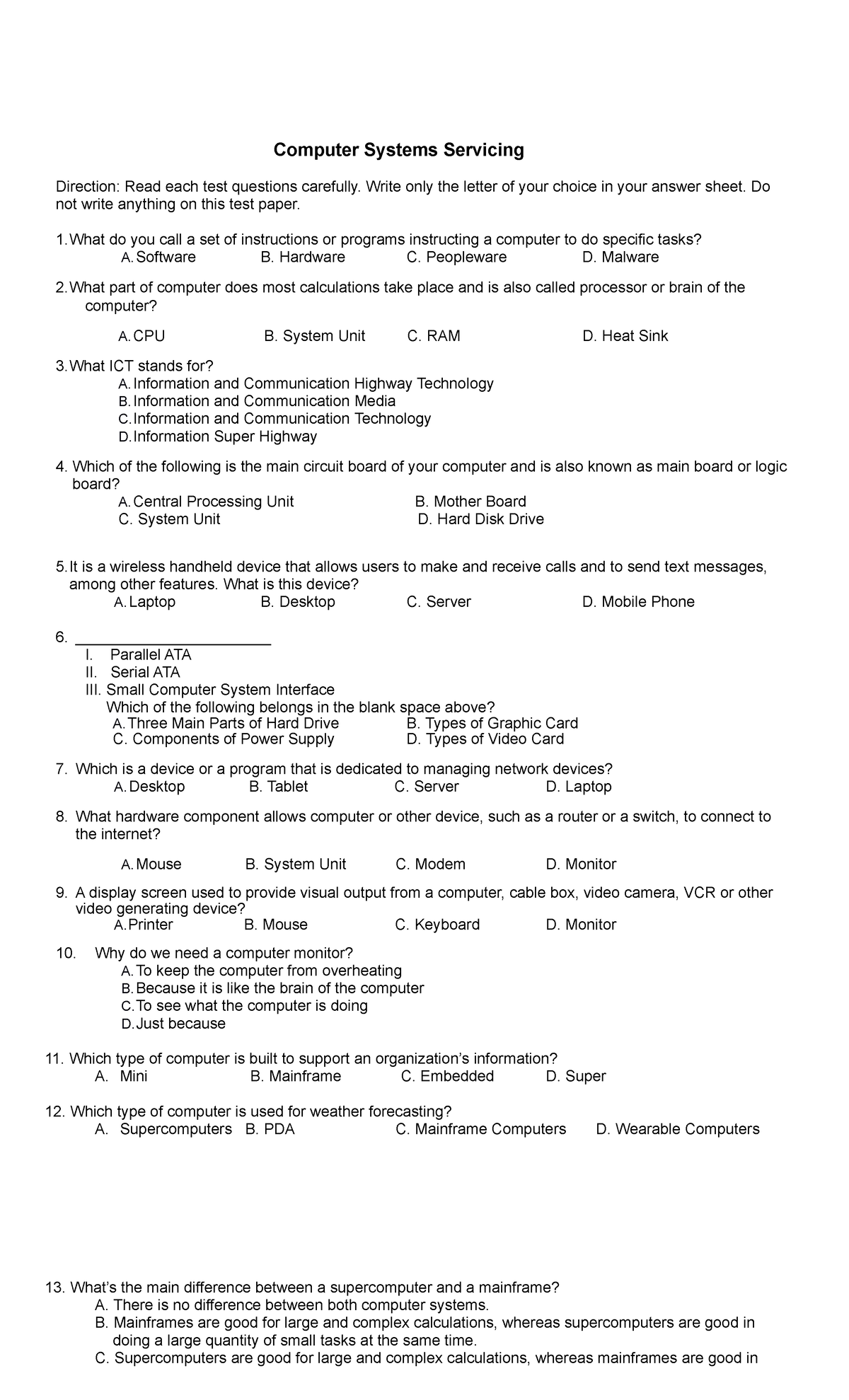 Studoc-CSS - Computer Systems Servicing Exam - Computer Systems Servicing Direction: Read each ...