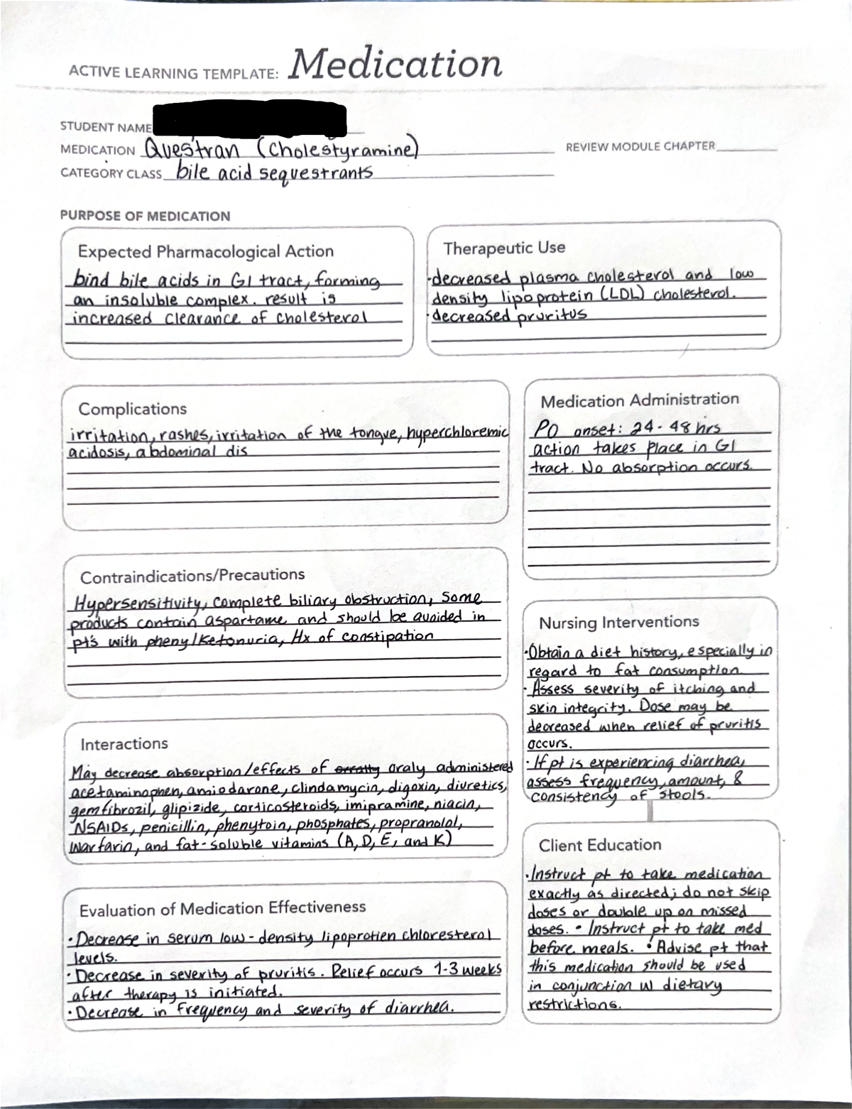 ATI Med Temp: Questran (Cholestyramine) Medication Overview - Studocu