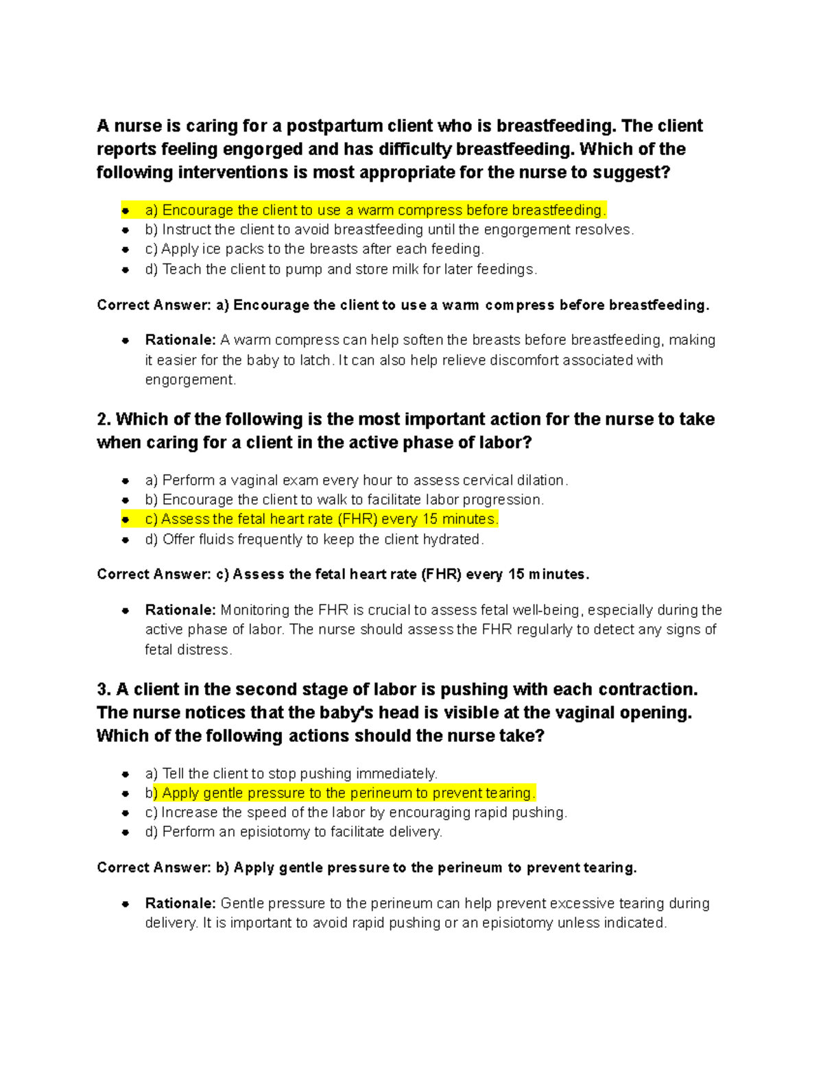 Maternal Nursing Practice Questions: Postpartum and Labor Care (NURS ...