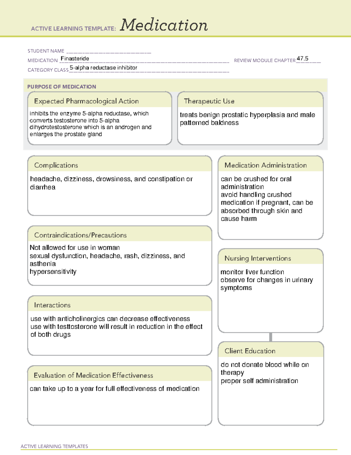 ACTIVE LEARNING TEMPLATE: Finasteride Review Module CH 47.5 - Studocu
