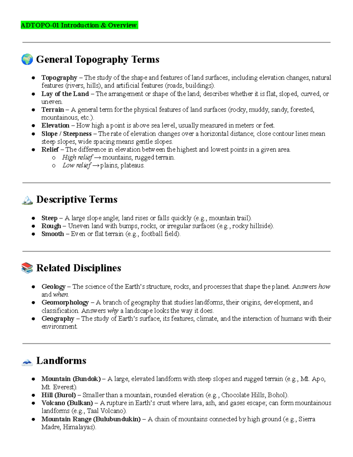 Topography Overview: Key Terms and Concepts for Adtopo Course - Studocu
