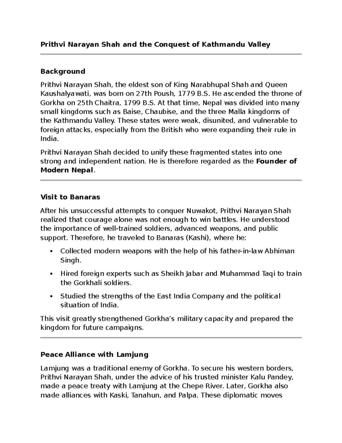 Ch 2 - History Notes: Prithvi Narayan Shah's Unification of Nepal - Studocu