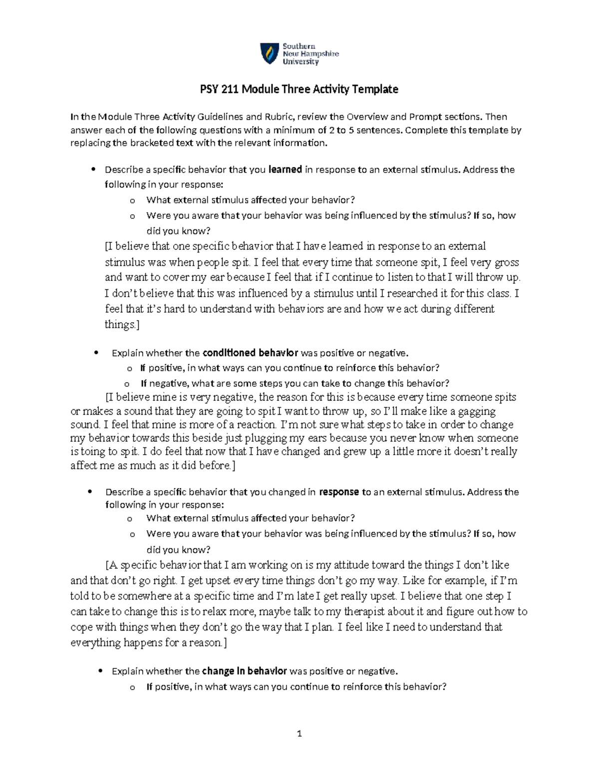 PSY 211 Module Three Activity: Behavior Response Analysis - Studocu